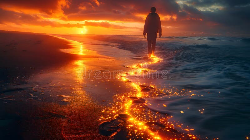 Glowing Footprints on Beach at Dusk Stock Illustration - Illustration ...
