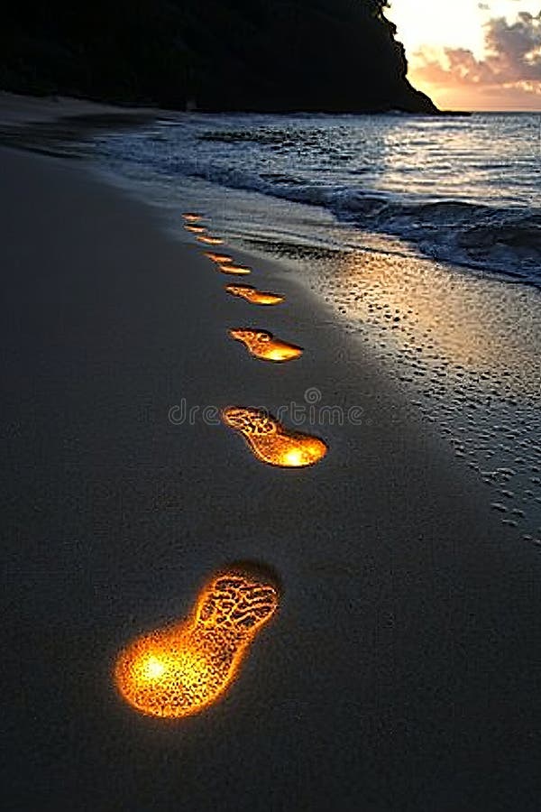 Glowing Footprints on a Sandy Beach at Sunset with Ocean Waves and ...