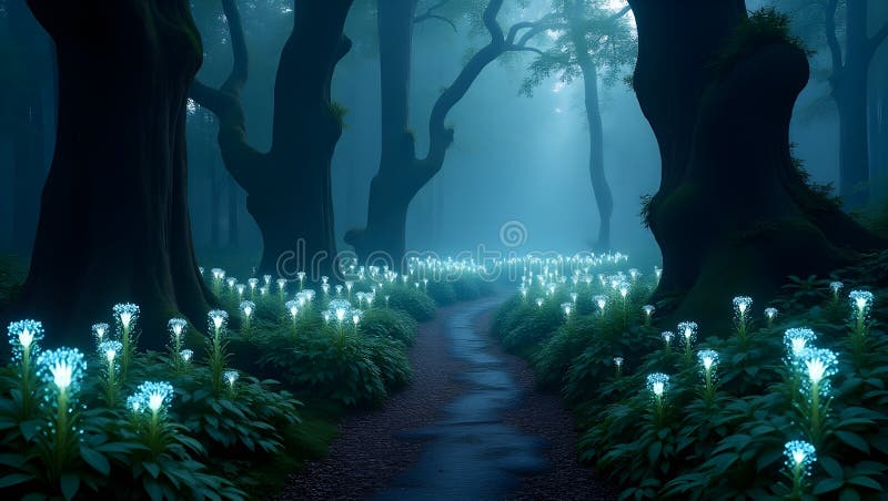 Glowing Forest Pathway Lined with Bioluminescent Plants and Faint Mist ...