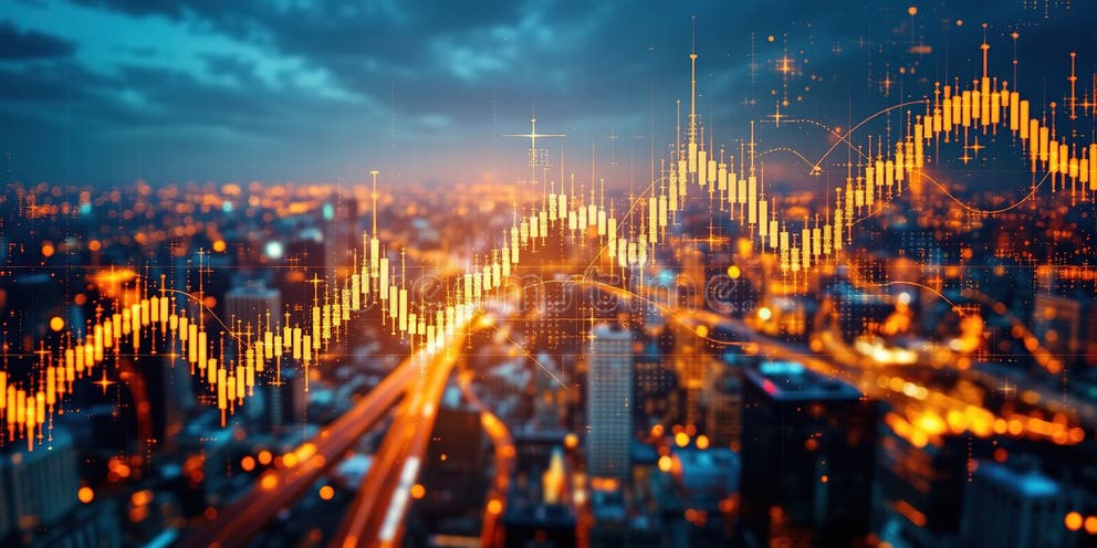 Glowing Forex Candlestick Chart Overlay on a Vibrant Cityscape a ...