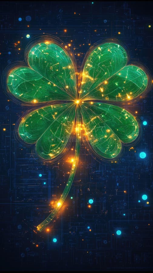Glowing Four-leaf Clover on Digital Background with Sparkling Lights ...