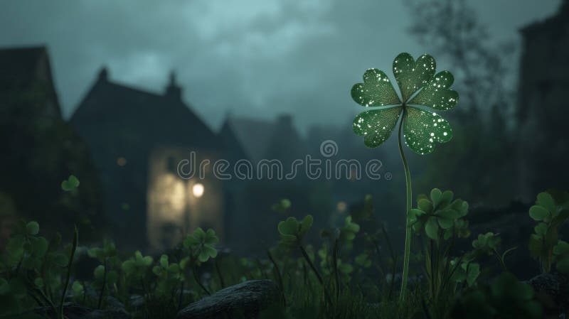 Glowing Four-Leaf Clover in a Mystical Village at Night Stock ...