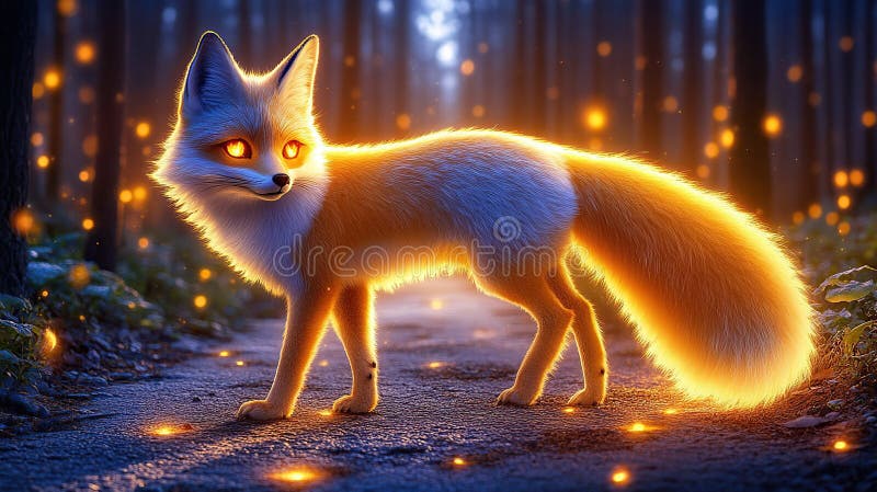 Glowing Fox Forest Path Night Magical Fantasy Stock Illustration ...