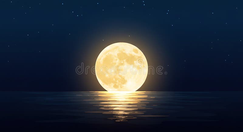 Glowing Full Moon Reflection on Water at Night with Starry Sky Stock ...