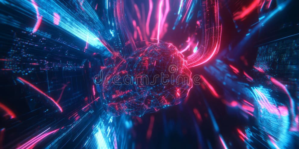 A Glowing Futuristic AI-driven Neural Interface, Displaying Pulsating Cybernetic Brainwave ...