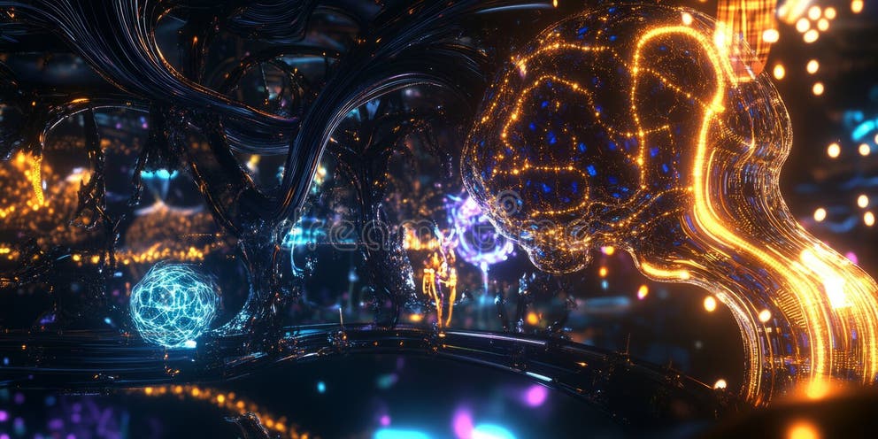 A Glowing Futuristic AI-driven Neural Prosthetics Lab, Displaying Cybernetic Brain-machine ...