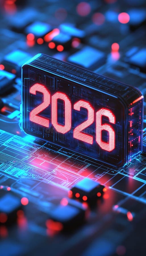 Glowing, Futuristic 2026 Banner Displayed on an Abstract Blue Digital ...