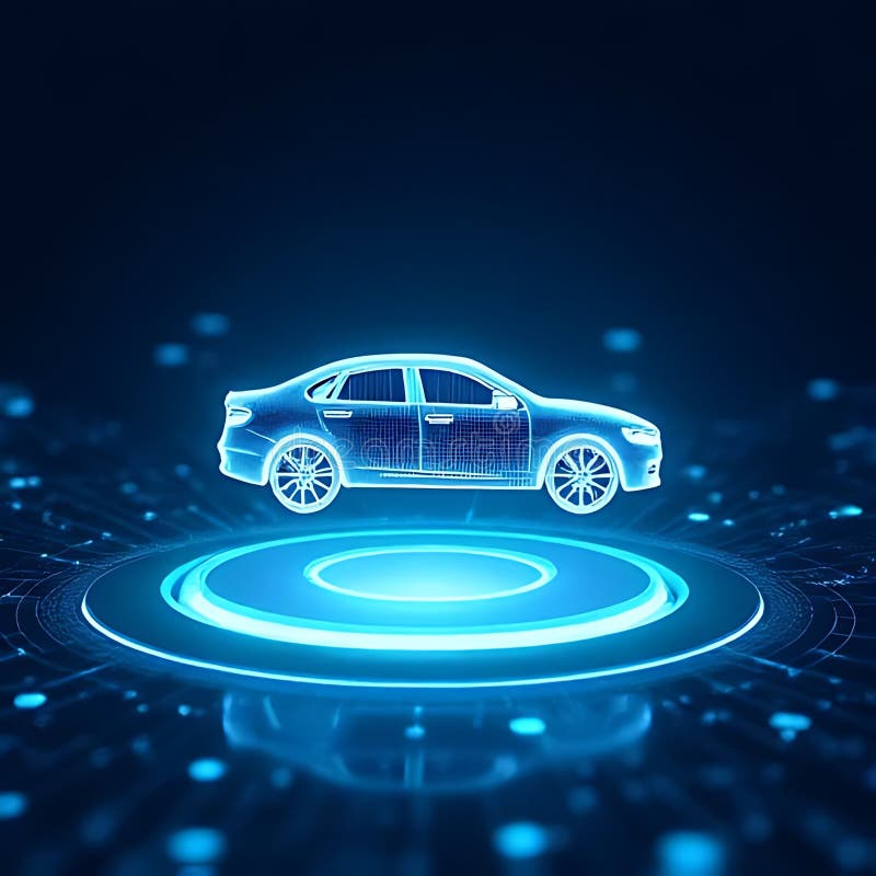A Glowing, Futuristic Blue Car is Floating on a Digital Platform Design ...