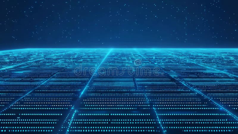 A Glowing Futuristic Blue Grid with Data Points and Stars Above ...