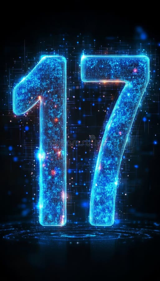 Glowing Futuristic Blue Number Seventeen 17 on a Dark Abstract ...