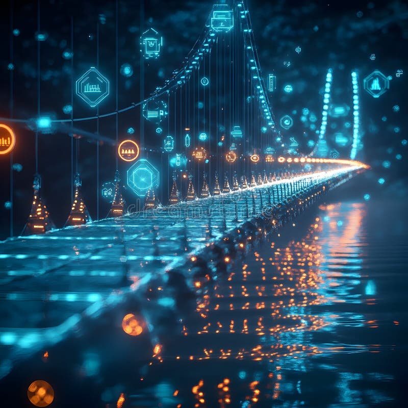 Glowing Futuristic Bridge with Floating Lights Cables and Water ...