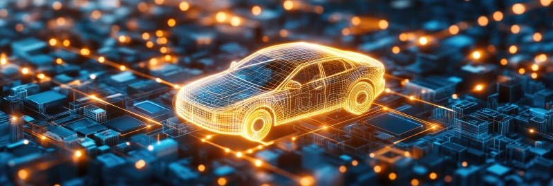 Glowing Futuristic Car with Digital Wireframe at Night in a Cityscape ...