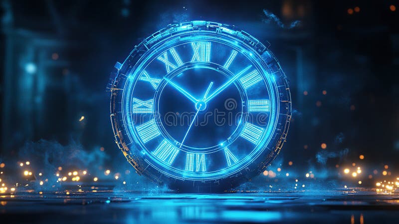 Glowing Futuristic Clock with Roman Numerals on Dark Background Stock ...