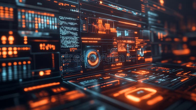 Glowing Futuristic Computer Display Showing Data and User Interfaces ...