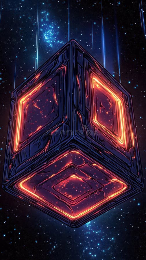 A Glowing, Futuristic Cube Suspended in a Starry Space Background Stock ...
