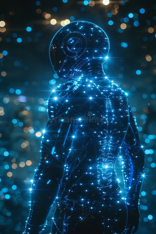 A Glowing Futuristic Cyborg with Intricate Circuit Patterns Stands ...