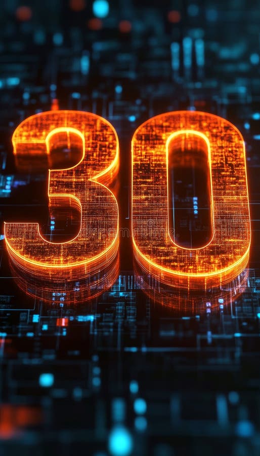 Glowing Futuristic Digital Big 3D Number 30, on an Abstract Cyber ...