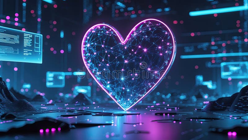 Glowing Futuristic Digital Heart Connection Network in Neon Light Stock ...