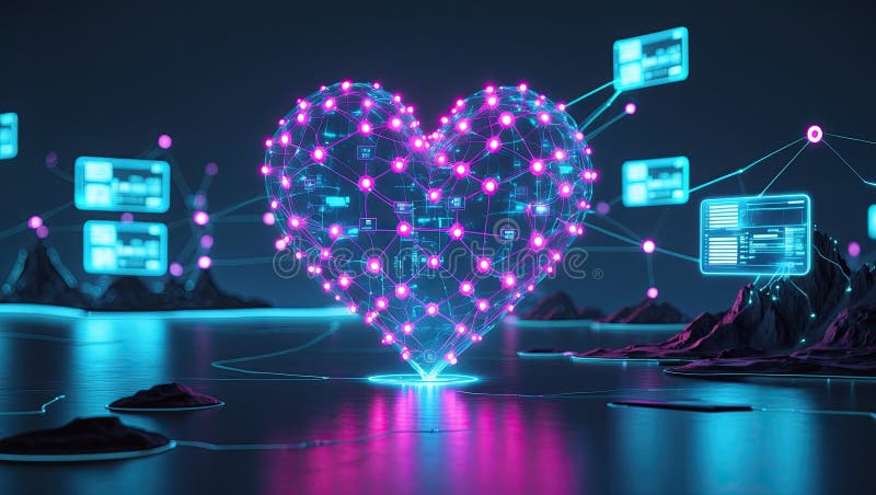 Glowing Futuristic Digital Heart Connection Network in Neon Light Stock ...