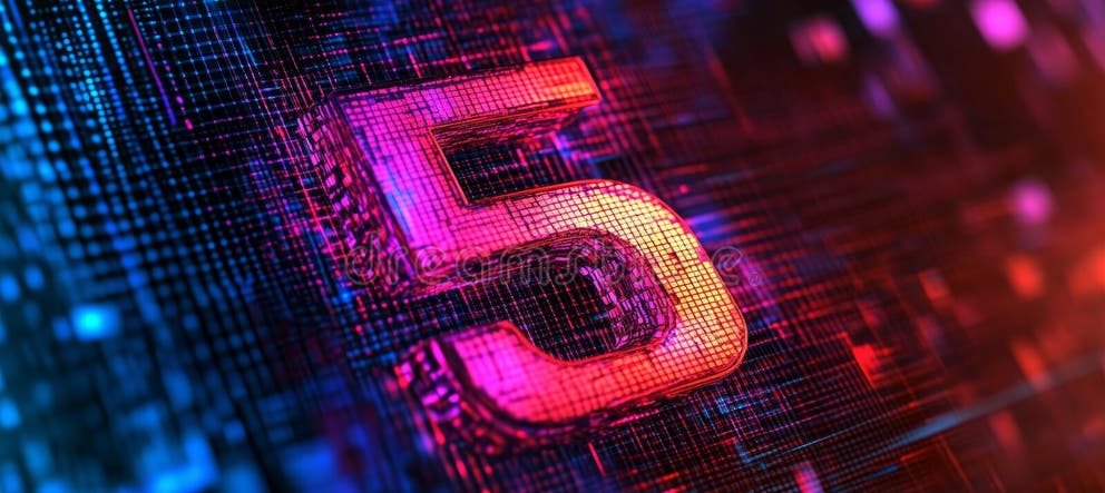 Glowing Futuristic Digital Number 5 on Abstract Background with ...