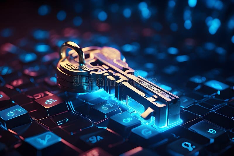 Encrypted Key: a Glowing, Futuristic Key Made of Neon-blue Data Floats Above a Grid of Encrypted ...