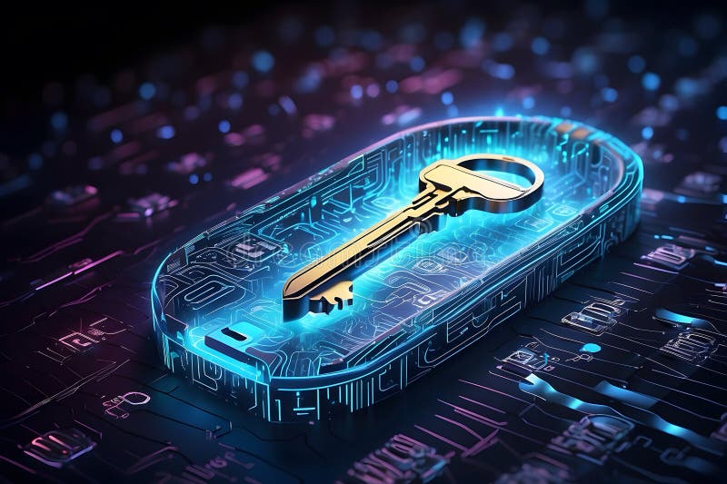Encrypted Key: a Glowing, Futuristic Key Made of Neon-blue Data Floats ...