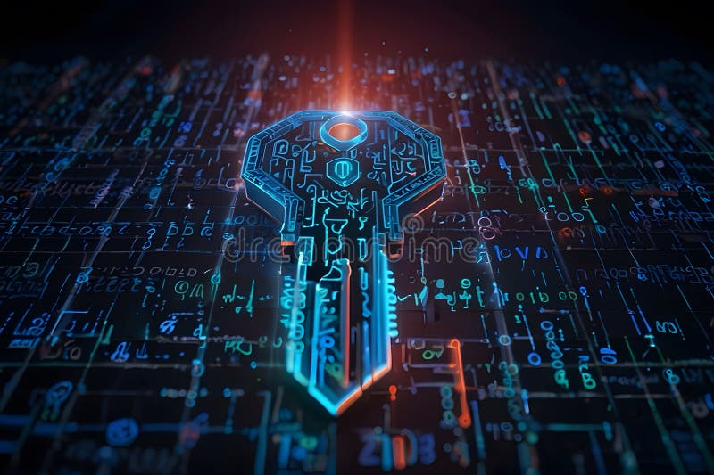 Encrypted Key: a Glowing, Futuristic Key Made of Neon-blue Data Floats ...