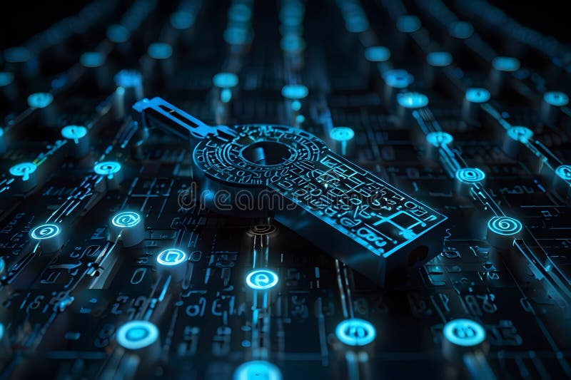 Encrypted Key: a Glowing, Futuristic Key Made of Neon-blue Data Floats ...
