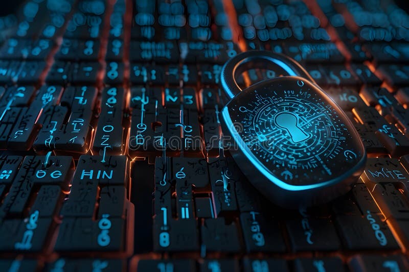 Encrypted Key: a Glowing, Futuristic Key Made of Neon-blue Data Floats Above a Grid of Encrypted ...