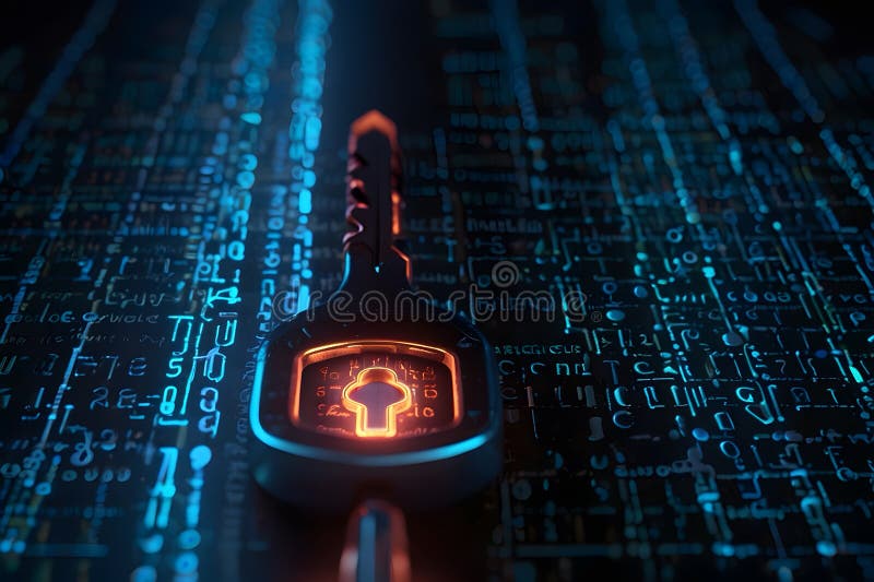 Encrypted Key: a Glowing, Futuristic Key Made of Neon-blue Data Floats ...
