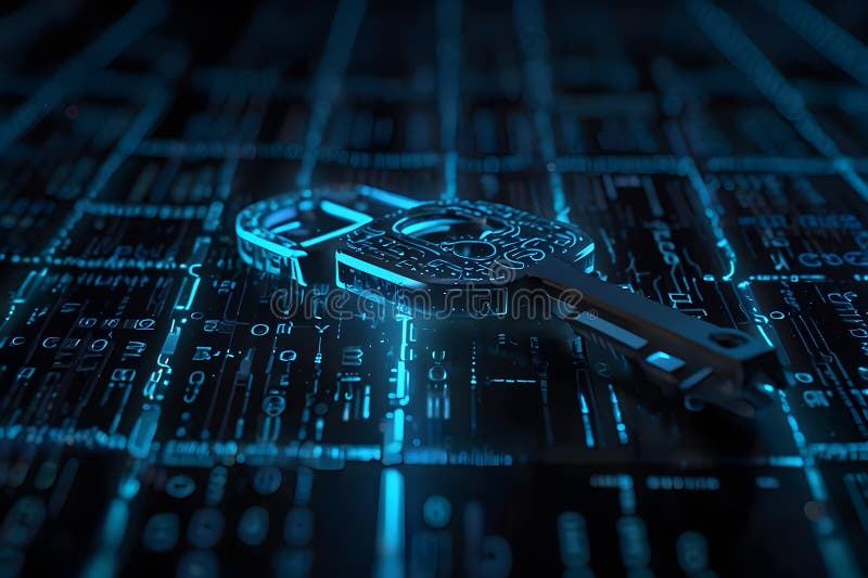Encrypted Key: a Glowing, Futuristic Key Made of Neon-blue Data Floats ...