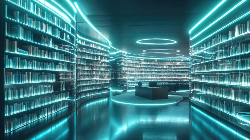 A Glowing Futuristic Library with Levitating Books and Neon Lights ...
