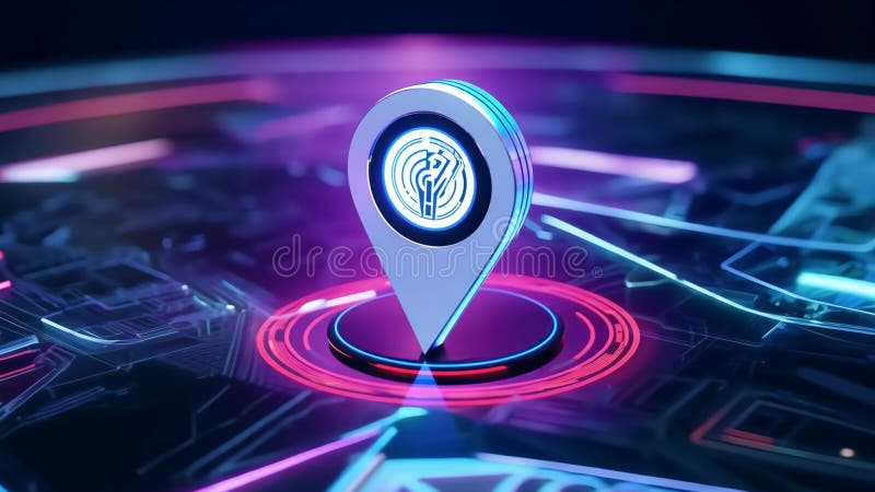 A Glowing Futuristic Location Pin with Digital Map Elements ...