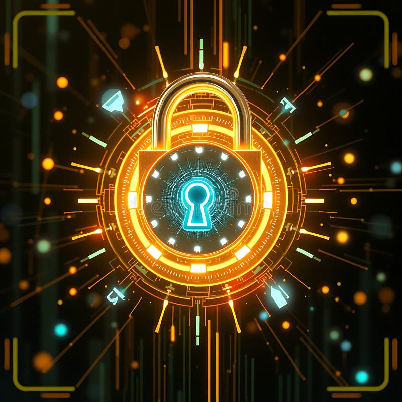 A Glowing Futuristic Lock Surrounded by Holographic Elements Stock ...