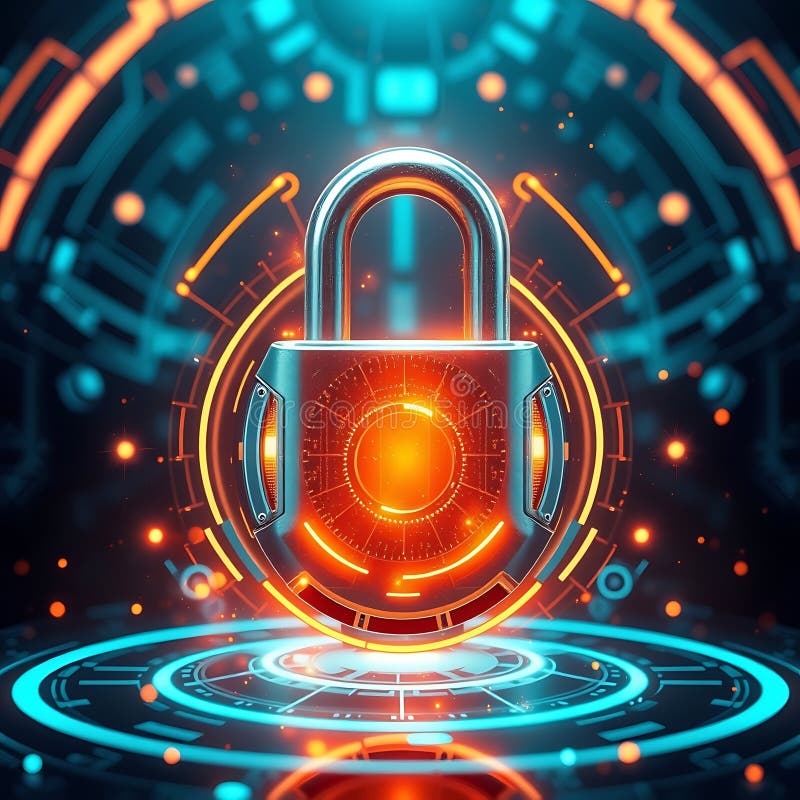 A Glowing Futuristic Lock Surrounded by Holographic Elements Stock ...