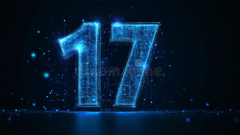 Glowing Futuristic Number 17 with 3D Render and Wireframe, Abstract ...
