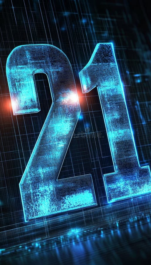Glowing Futuristic Number 21 on Digital Abstract Background Technology ...