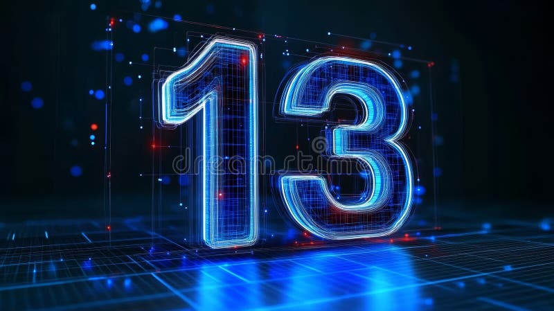 Glowing Futuristic Number 13 on Digital Abstract Tech Background, Three ...