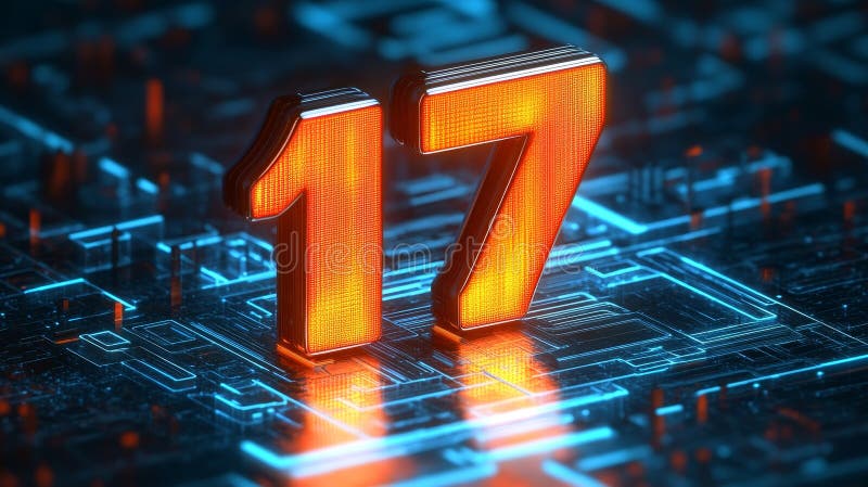 Glowing Futuristic Number 17 on Digital Circuit Board Background ...
