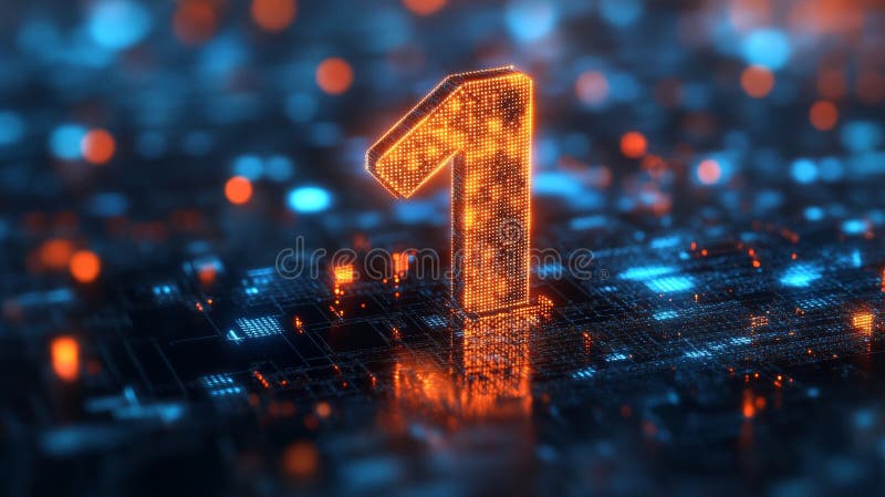 Glowing Futuristic Orange Digital Number One on Abstract Technology ...