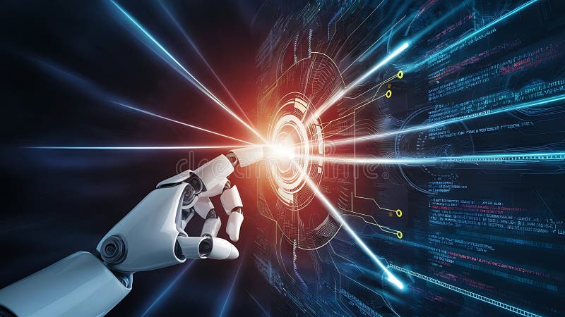 A Glowing Futuristic Screen Being Touched by a Human Hand, Light Beams ...