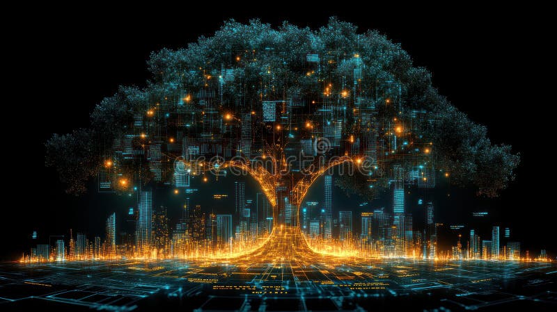 A Glowing, Futuristic Tree with a City Skyline at Its Base, Symbolizing ...