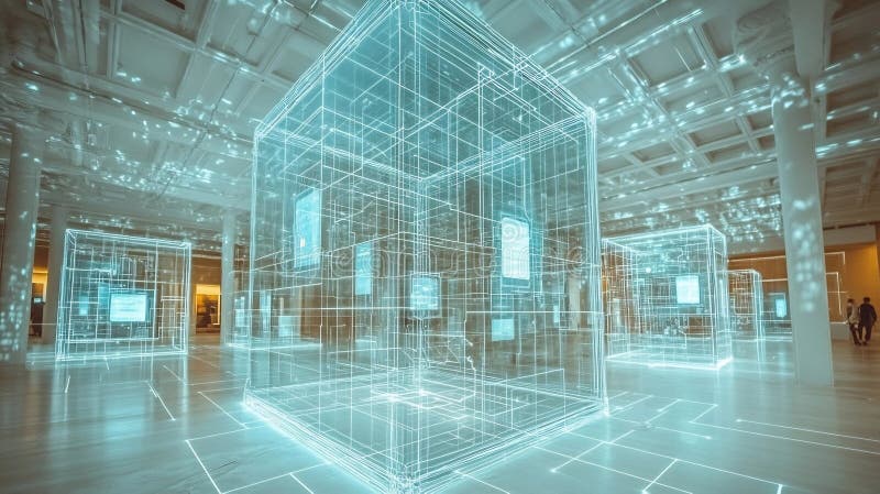 Glowing Futuristic Wireframe Structure in Minimalist Gallery Space ...