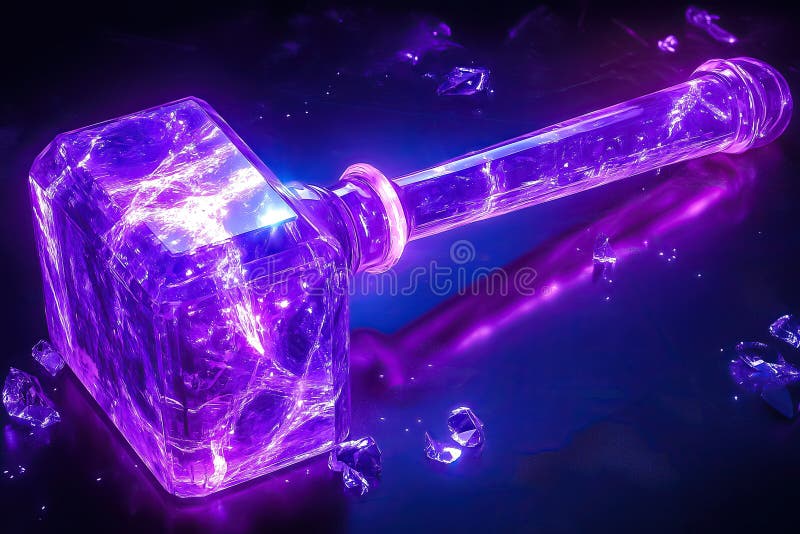 A Glowing Gavel Shines Purple Light in the Dark, Surrounded by Crystal ...