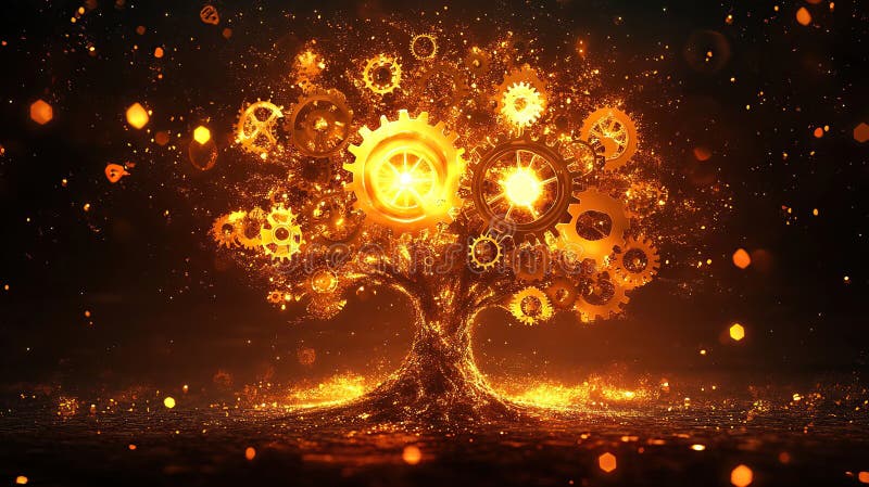 Glowing Gear Tree, Dark Background, Abstract, Concept Art Stock Image ...