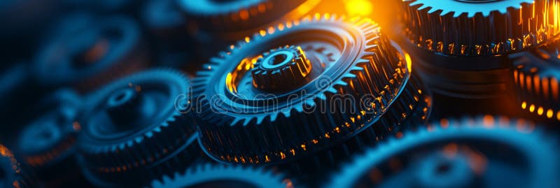 Glowing Gears and Cogs Abstract Manufacturing Background with Bright ...