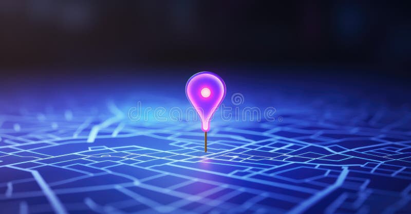 A Glowing Geolocation Marker on a Map of a Nighttime City Stock ...