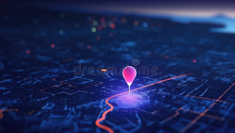 A Glowing Geolocation Marker on a Map of a Nighttime City Stock ...