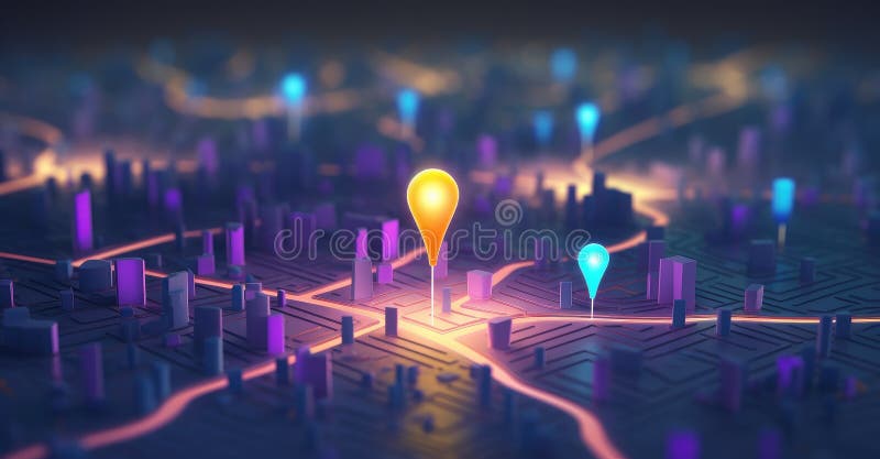 A Glowing Geolocation Marker on a Map of a Nighttime City Stock ...