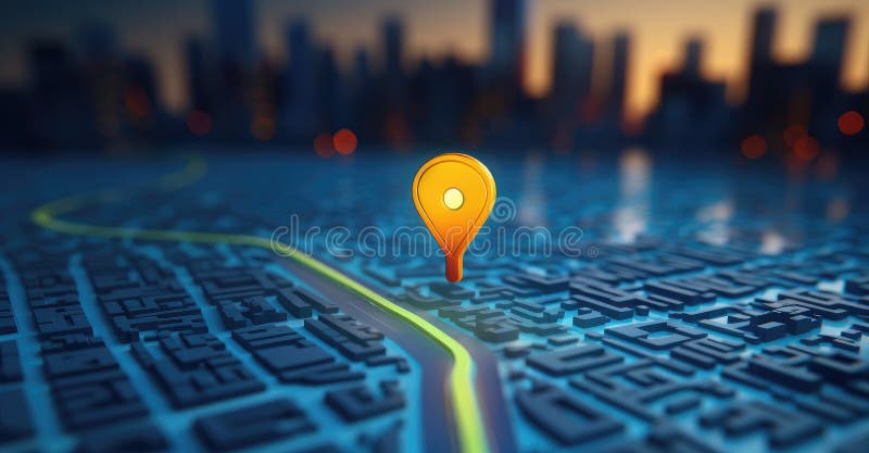 A Glowing Geolocation Marker on a Map of a Nighttime City Stock ...